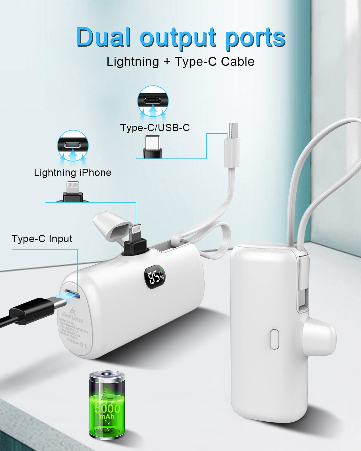 Aimenzunto Small Portable Charger, 5000mAh Lightning & USB C Dual Output Power Bank, LED Display Battery Pack Fast Charging for iPhone 14/13/12/11 Samsung S22/S21 Google Pixel Moto LG and More, White