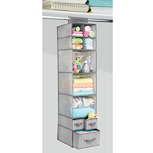 mDesign Fabric Over Closet Rod Hanging Storage Organizer with 7 Open Cube Shelves and 3 Removable Drawers for Bedroom, Nursery, Closet - Holds Clothes, Shoes, Diapers - Gray