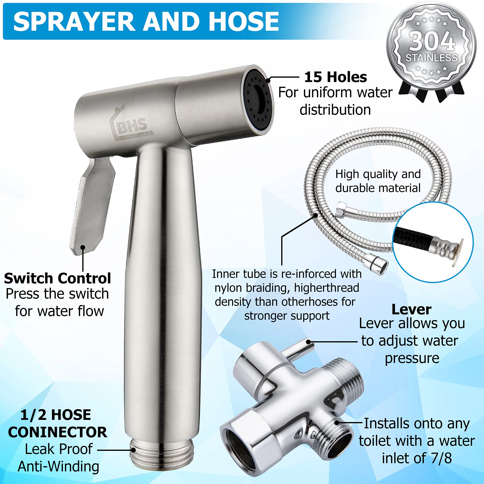 BHS I Bidet Sprayer for Toilet by Premium Stainless-Steel, Badette Toilet Attachment for Baby Wash, Luxury Handheld Bidet Easy to Install I Muslim shower Give Refreshment
