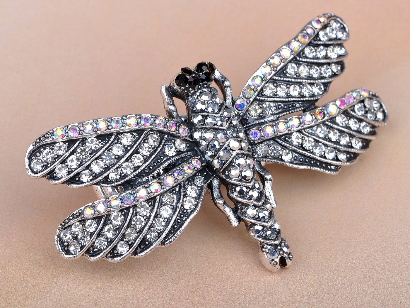 Alilang Gunmetal Tone Shine Clear Rainbow Crystal Rhinestones Dragonfly Ring