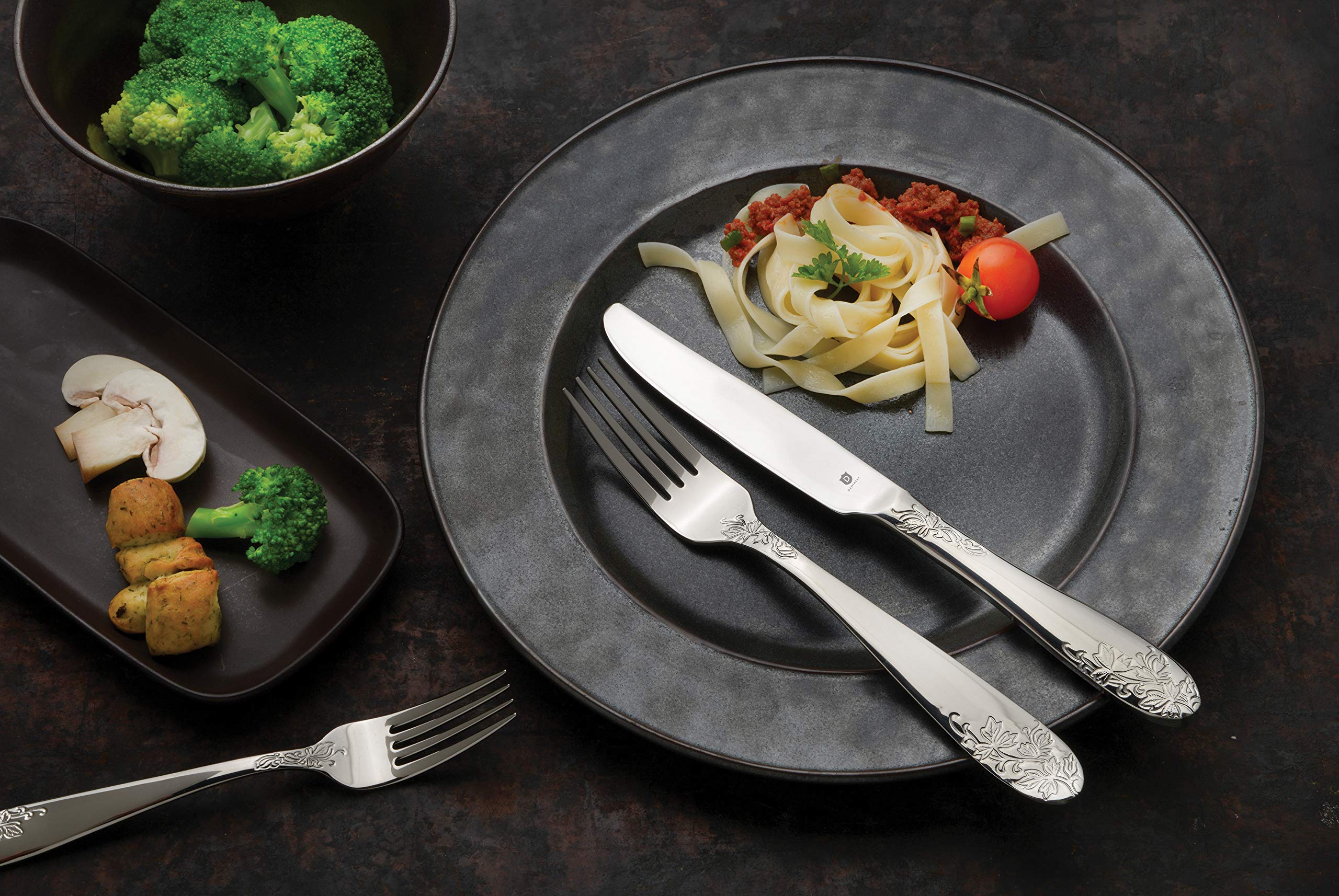 DANIALLI Modern Silverware Set - 18/10 Stainless Steel Flatware Set for Elegant Dining - Dishwasher Safe Cutlery Set (Imperial 40-Piece, Floral)