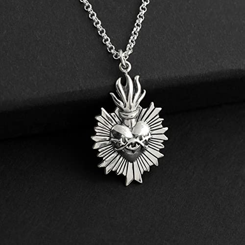 A Charmed Impression Sacred Flaming Heart with Thorns Charm Necklace • Solid Sterling Silver Heart • God's Love • Jesus Love Pendant Necklace