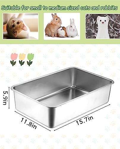 VCEPJH 2 Pcs Stainless Steel Litter Box for Cats Metal Litter Pan with High Sides Odor Control Non Stick Easy to Clean Rustproof (15.7'' x 11.8'' x 5.9'')