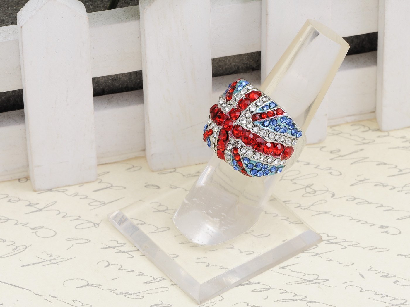 Alilang Silver Toned Rhinestone British Invasion England UK Union Jack Flag Ginger Costume Ring