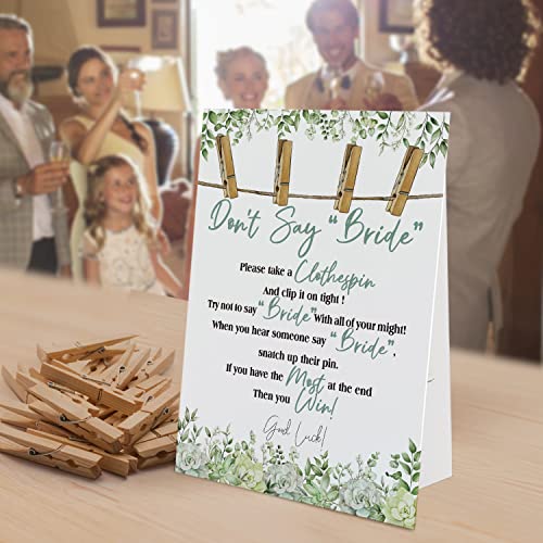 Don't Say Bride Sign,Bride Shower Clothespin Game,Includes a 8x11 Standing Sign and 50 Mini Natural Clothespins - BIG005