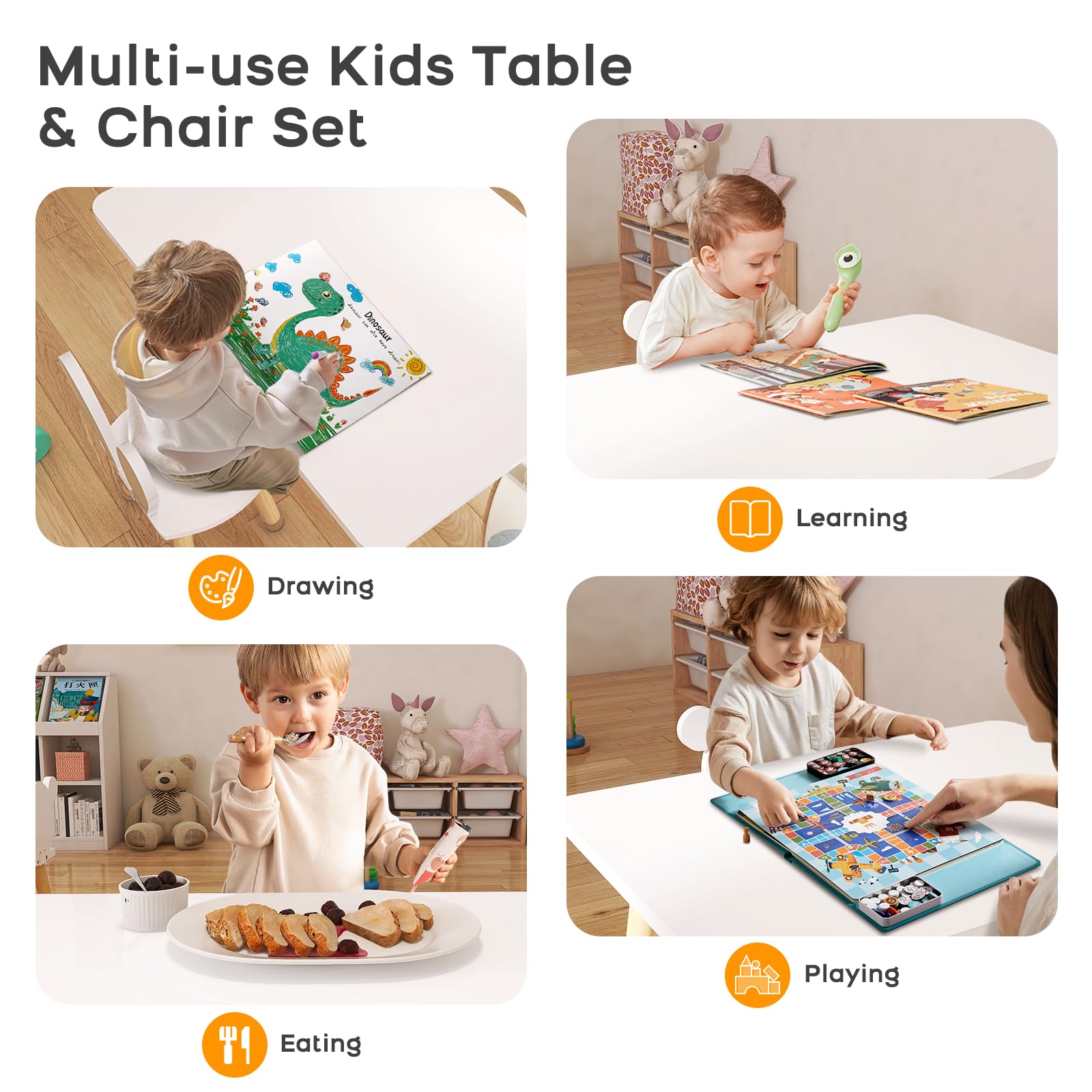 BanaSuper Table & Chair Set - Wooden Weaning Table with 4 Animal-Themed Chairs for Arts & Crafts, Snack Time, and Homework, Ideal for Learning & Development Furniture (White)