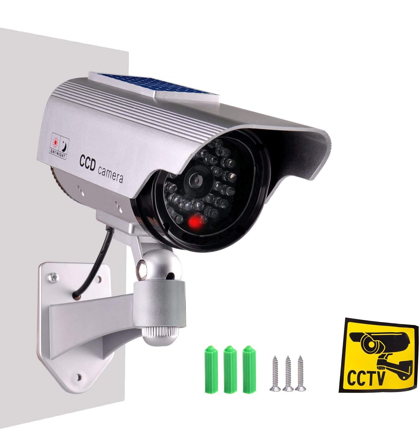 ISEEUSEE Dummy Fake Security Camera, Solar Powered Fake Surveillance Camera with Flash LED Dummy Bullet Simulated CCTV Camera,Indoor Outdoor Use Good for Home/Office/Shop/Garage - Silver Color