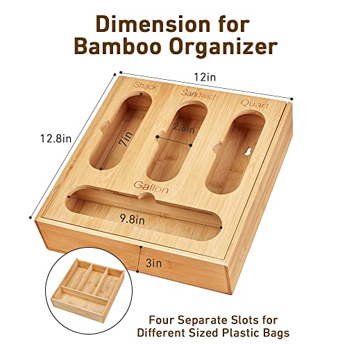 Headley Tools Ziplock Bag Organizer, Bamboo Organizer- Food Bags Container for Kitchen Drawer Baggie Dispenser & Holder Compatible with Gallon, Quart, Sandwich and Snack Variety Size Bag