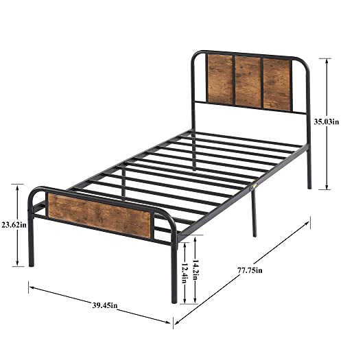 VECELO Twin Bed Frame Heavy Duty Metal Platform with Wooden Headboard Footboard Mattress Foundation 12 Strong Steel Slats Support Under Bed Storage/Easy Assemble