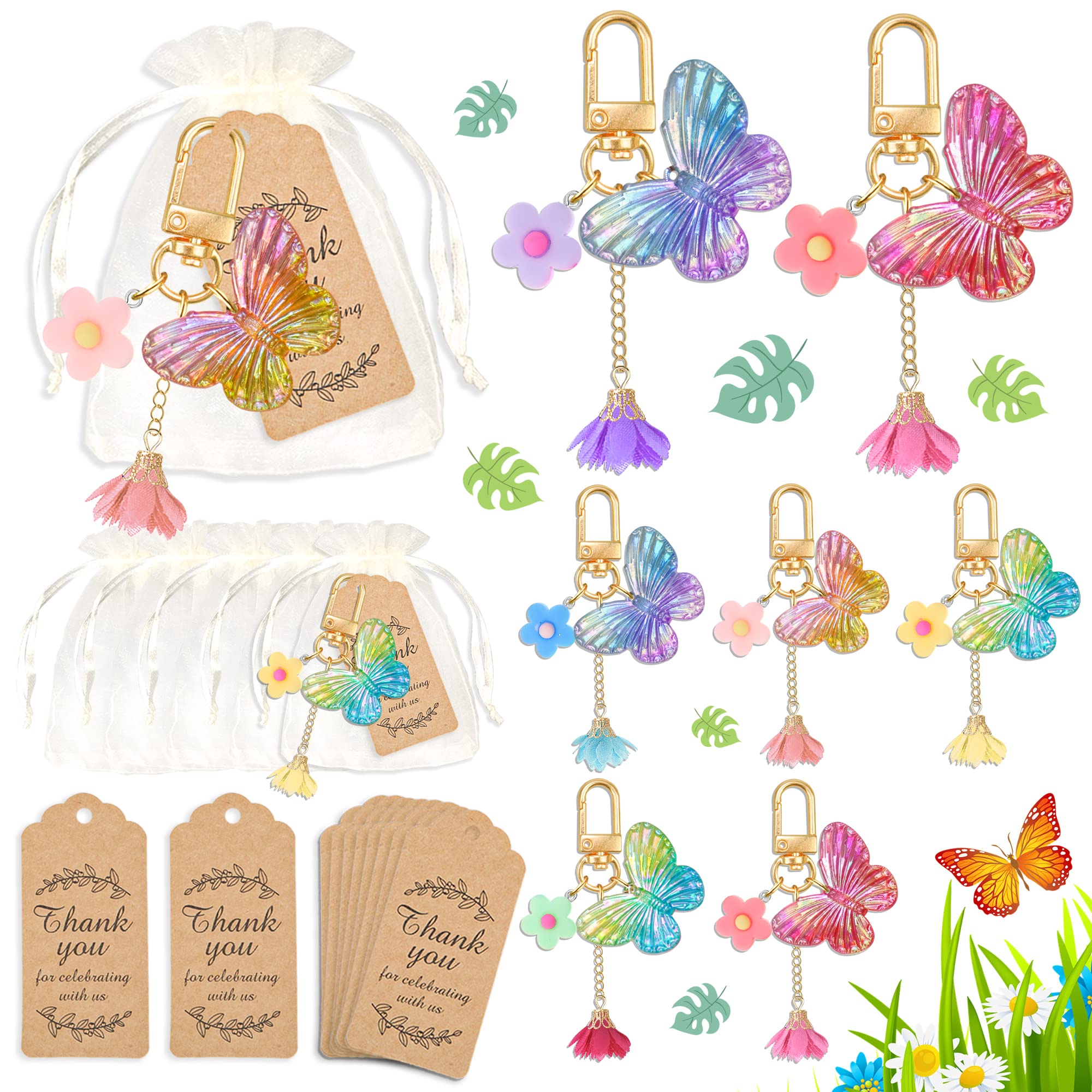 BANBALLON 12 Sets Butterfly Party Favors Butterfly Keychain with Thank You Kraft Tags for Girls Butterfly Theme Birthday Party Baby Shower Favors Goodie Bag