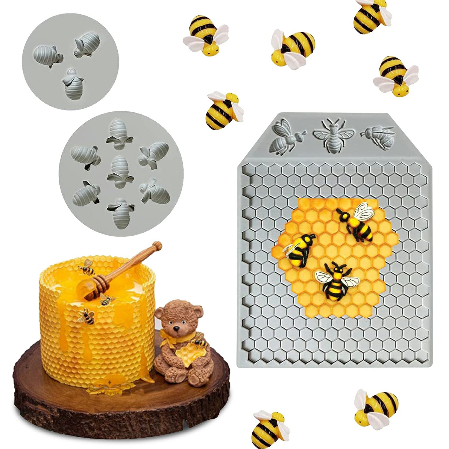 Amison Honeycomb Bees Silicone Fondant Cake Mold, 3Pcs 7 Cavity Bumble Bee Silicone Mold, Beehive Silicone Baking Molds, Silicone Cupcake Decorating Fondant Candy Baking Cake Moulds, Sugar Cube Mold