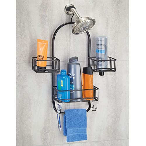 mDesign Modern Metal Wire Bathroom Tub & Shower Caddy, Hanging Storage Organizer Center - 2 Wash Cloth/Razor Hooks, 3 Baskets - for Bathroom Shower Stalls, Bathtubs, Rust Resistant Steel - Matte Black