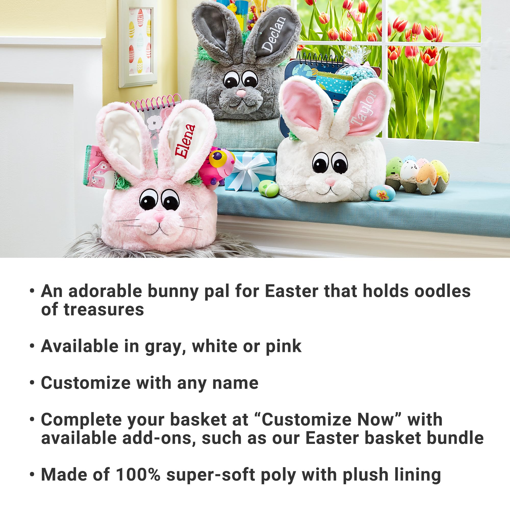 Let's Make Memories Personalized Easter Basket - Fuzzy Bunny Plush - Easter Basket for Kids - Gray