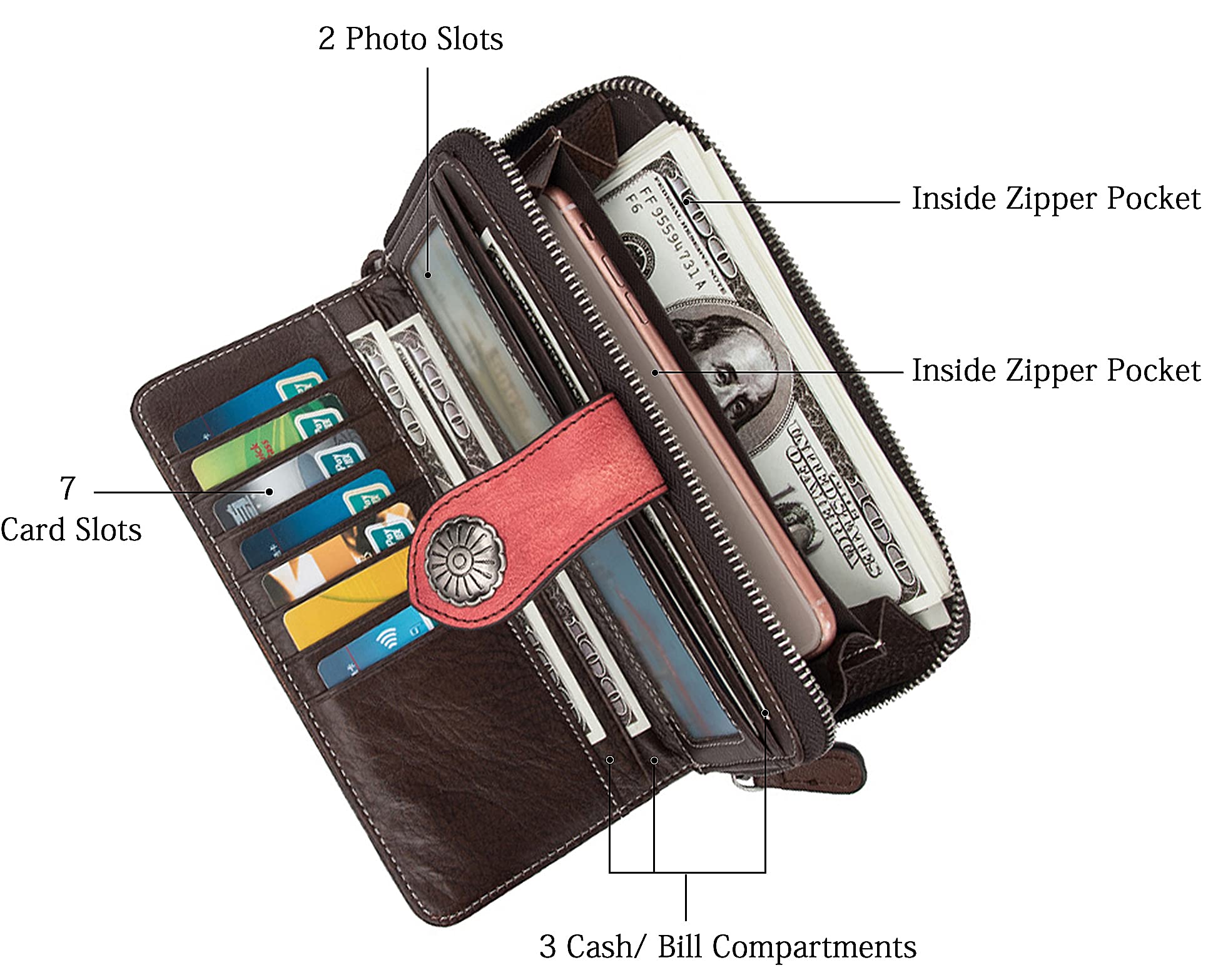 LETEULO Women's Leather Wallet Vintage Clutch Wallets Card Organizer Purse with Clutch Strap (Red)
