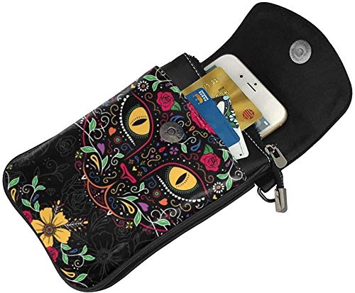 Day of the Dead Kitty Cat Sugar Skull Women Soft PU Leather Cellphone Purse Wallet Handbag Small Crossbody Shoulder Bag
