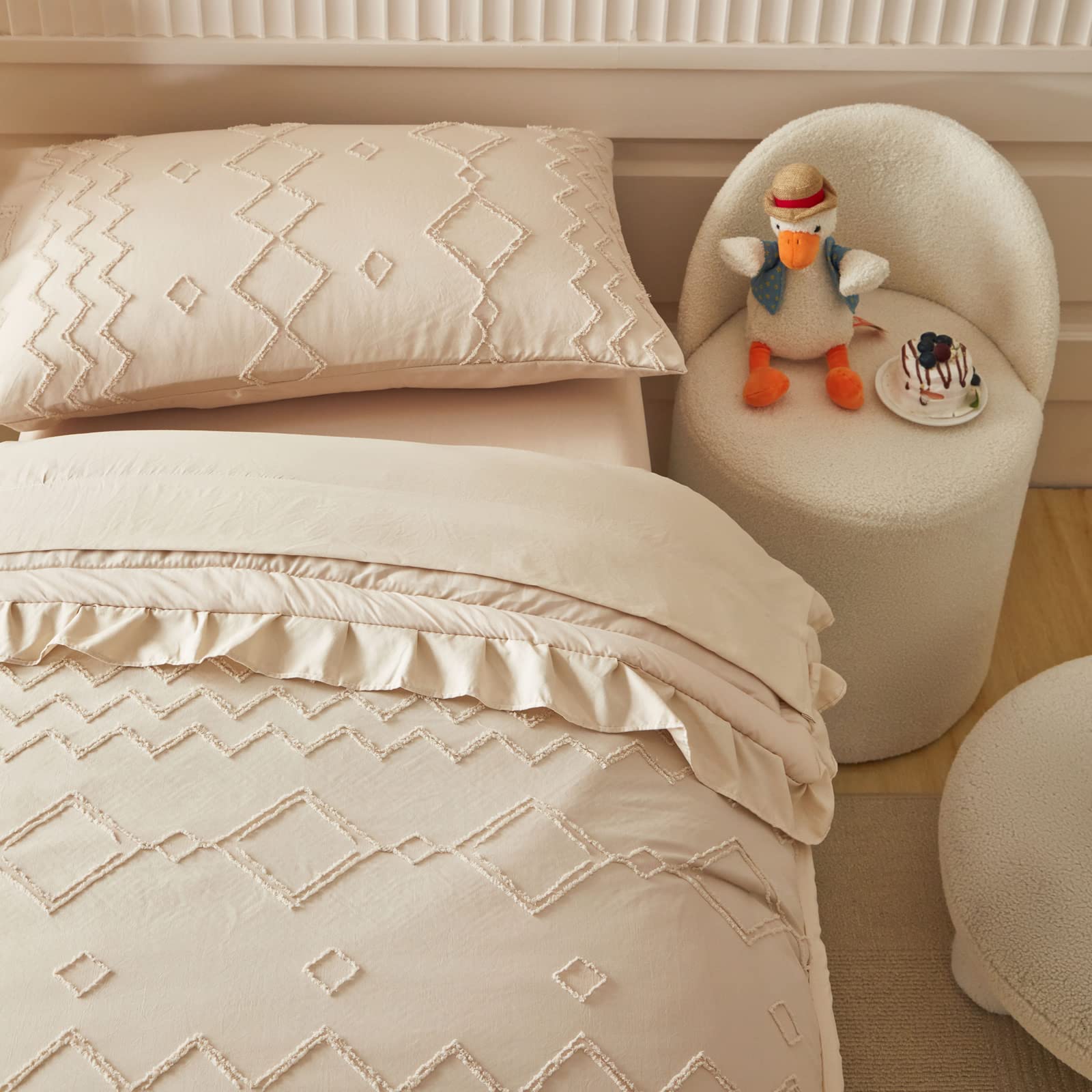 AIKASY Toddler Bedding Set 4 Pieces Super Soft Comforter Set, Shabby Boho Bohemian Design for Boys and Girls(Ruffle Fringe Comforter, Flat Sheet, Fitted Sheet and Pillowcase)- Khaki