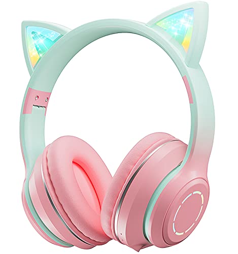 Hilifix Bluetooth Headphones Over Ear, LED Light Up Cat Ear Kids Headphones, Foldable Stereo Headphones Wireless Wired Headphones with Microphone for School/Study/Travel/PC/iPhone/iPad (Pink+Green)