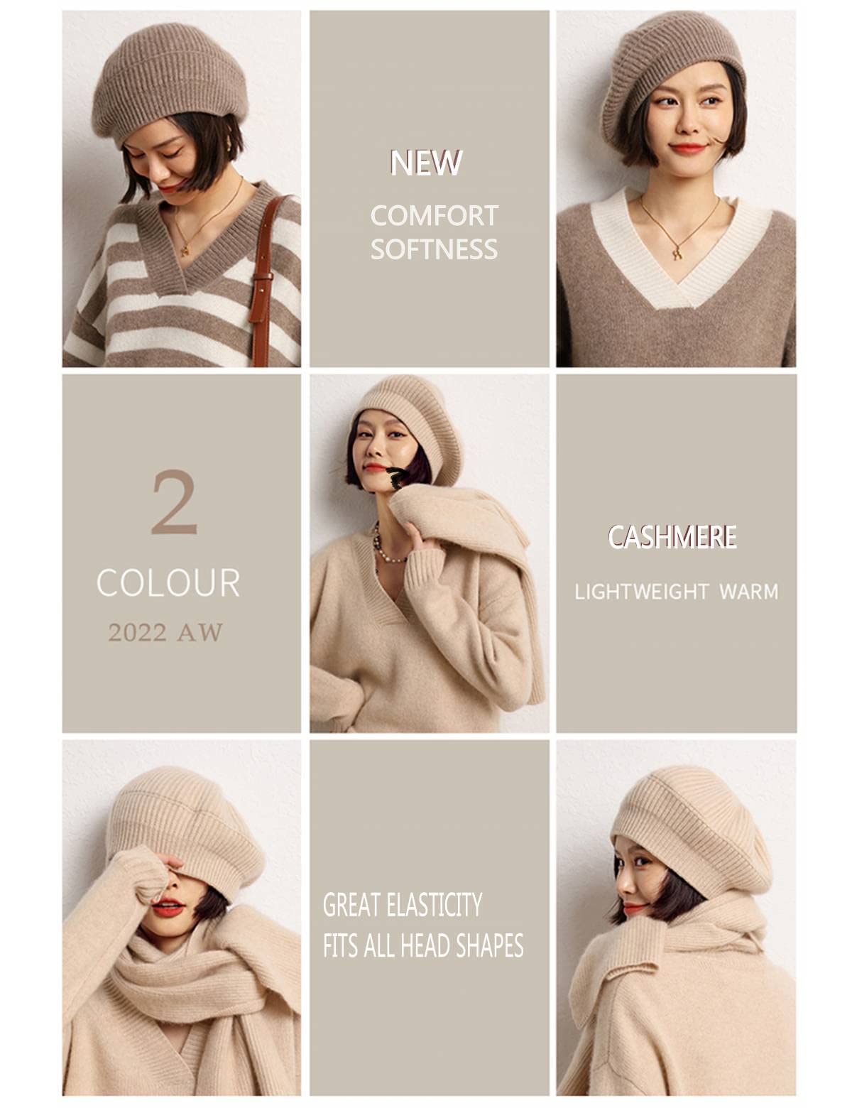 Ailaile Cashmere Berets Hats Women Winter Warm Merino Wool Knitted Oversized Beige Beanie
