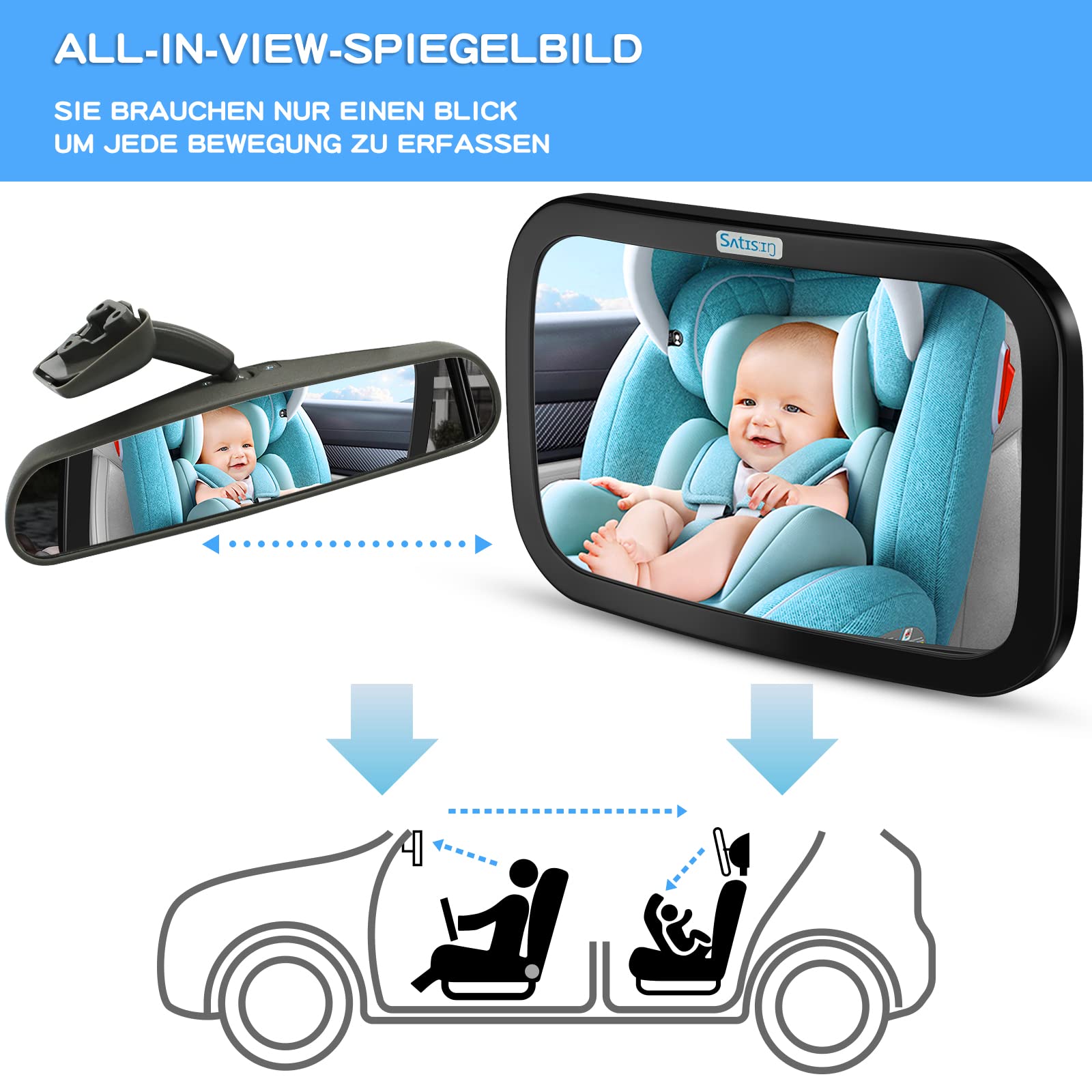 Baby Car Mirror, Satis:In Safety Car Seat Mirror for Rear Facing Infant with Wide Crystal Clear View, Shatterproof, Fully Assembled, Crash Tested and Certified for Safety