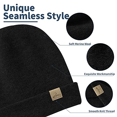 Hysnan Mens Beanie Merino Wool Warm Hats for Women Men Knit Slouchy Double Layer Warm Cuffed Skull Beanie Skiing Skating Black