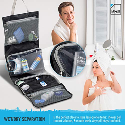 Lewis N. Clark Hanging Toiletry Bag for Travel Accessories, Shampoo, Cosmetics + Personal Items with Waterproof Compartment and Folding Design,Black