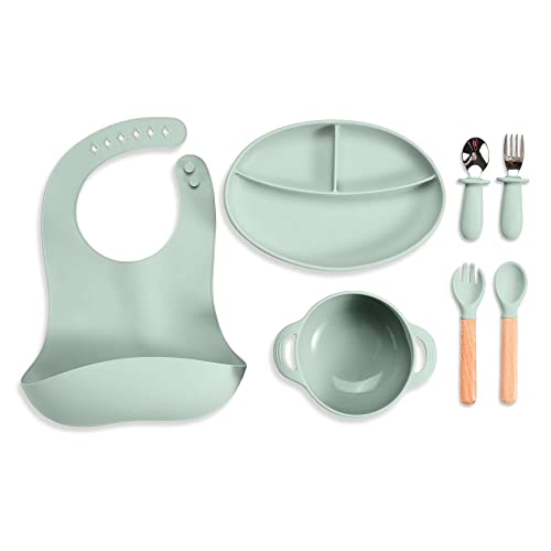 elbebe Silicone Baby Feeding Set - 7pcs Baby Led Weaning Supplies w/Strong Suction Cup - Baby Feeding Supplies, Baby Eating Supplies, Silicone Baby Plates and Bowls Set (Sea Mist Green)