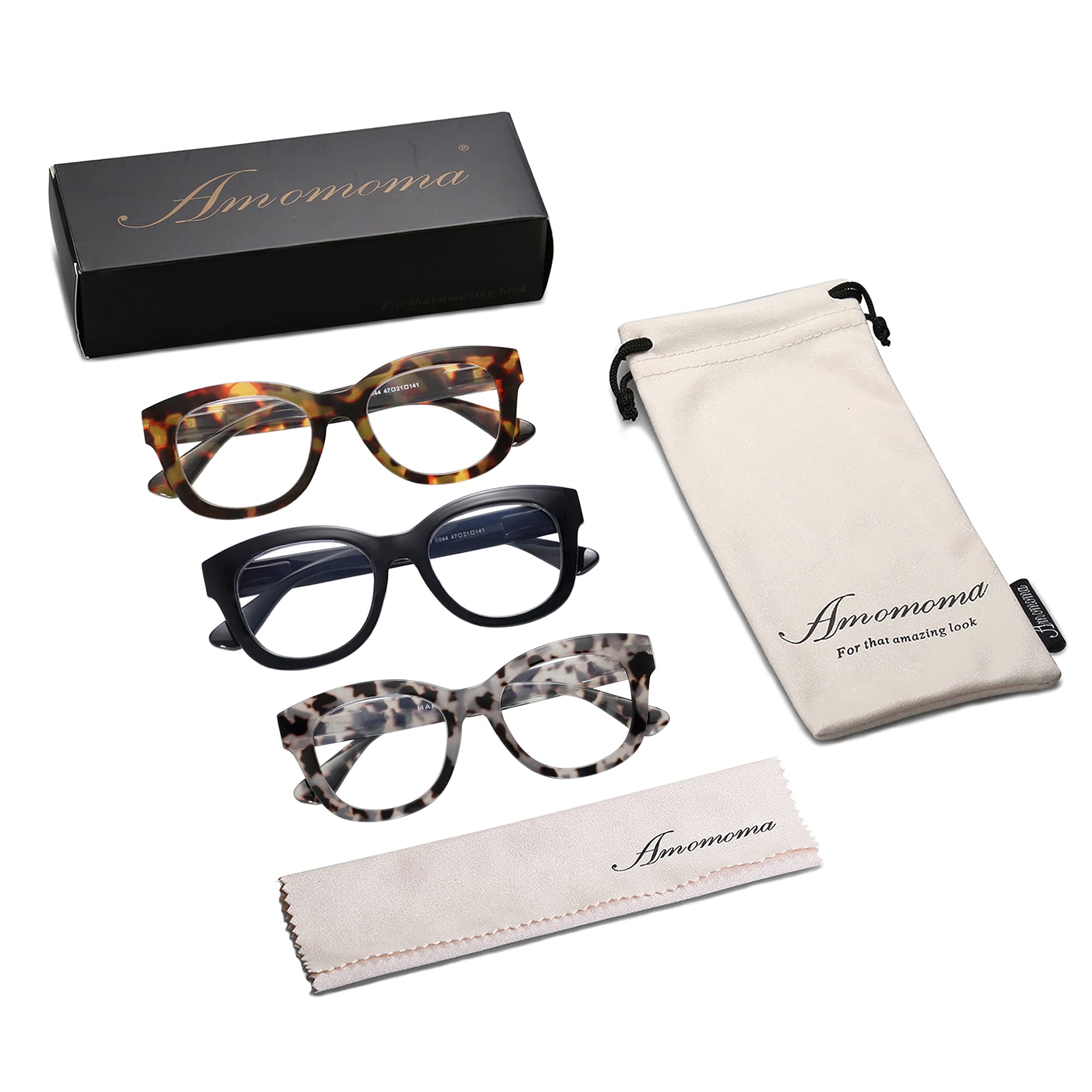 AMOMOMA 3 Pack Retro Oversized Reading Glasses for Women Blue Light Blocking Computer Readers Spring hinge AM6003 with Black+Brown+Grey Tortoise Frame 1.50 x