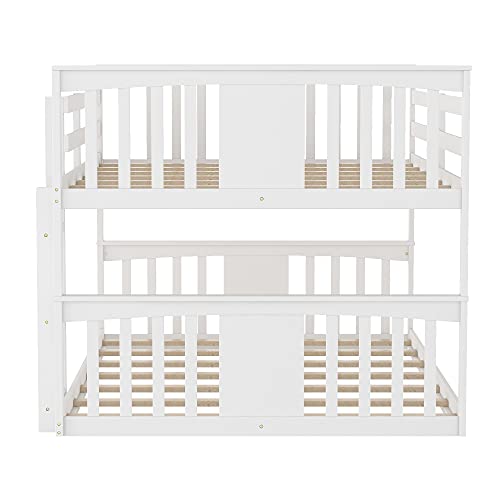 CITYLIGHT Floor Full Over Full Bunk Beds, Wooden Low Full Over Full Bunk Bed for Kids, Toddler Full Bunk Bed for Girls Boys Teens’ Bedroom or Dorm (Full,White)