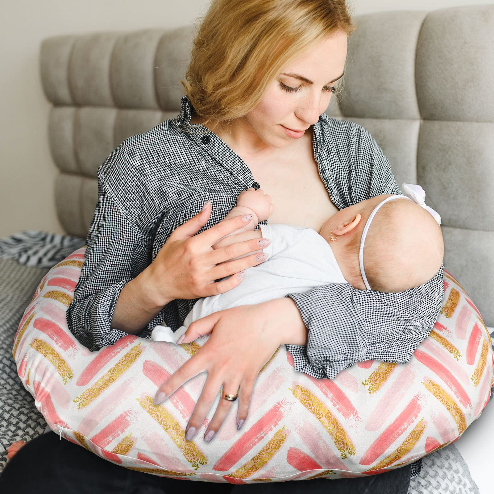 Baby Car Seat Cover & Nursing Pillow Cover, Multiuse Nursing Breastfeeding Covers for Baby Girl, Pink Stripes