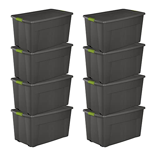 Sterilite 45 Gallon Heavy Duty Plastic Stackable Storage Container Tote with Wheels and Latching Indexed Lid for Home Organization, Gray, 8 Pack