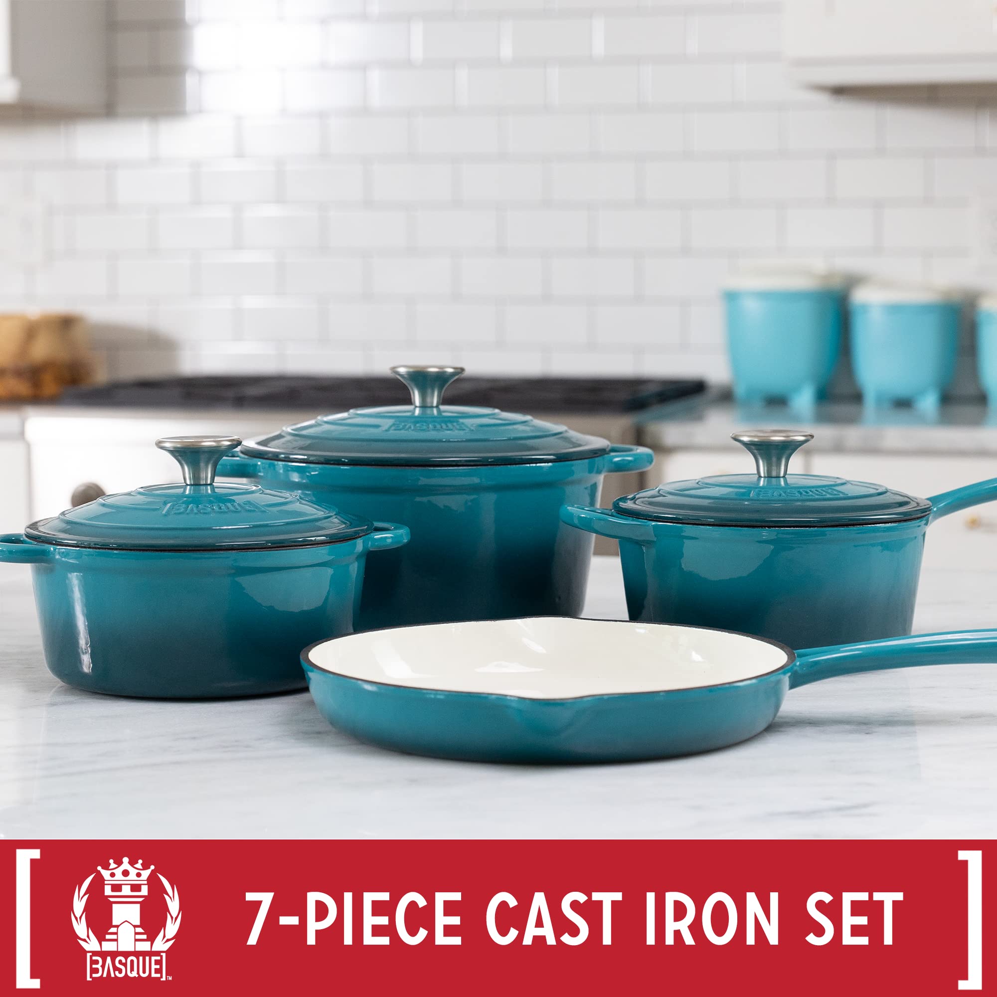 Basque Enameled Cast Iron Cookware Set, 7-Piece Set (Biscay Blue), Nonstick, Oversized Handles, Oven Safe; Skillet, Saucepan, Small Dutch Oven, Large Dutch Oven, 10.25", 2QT, 2.25QT, 4.75QT