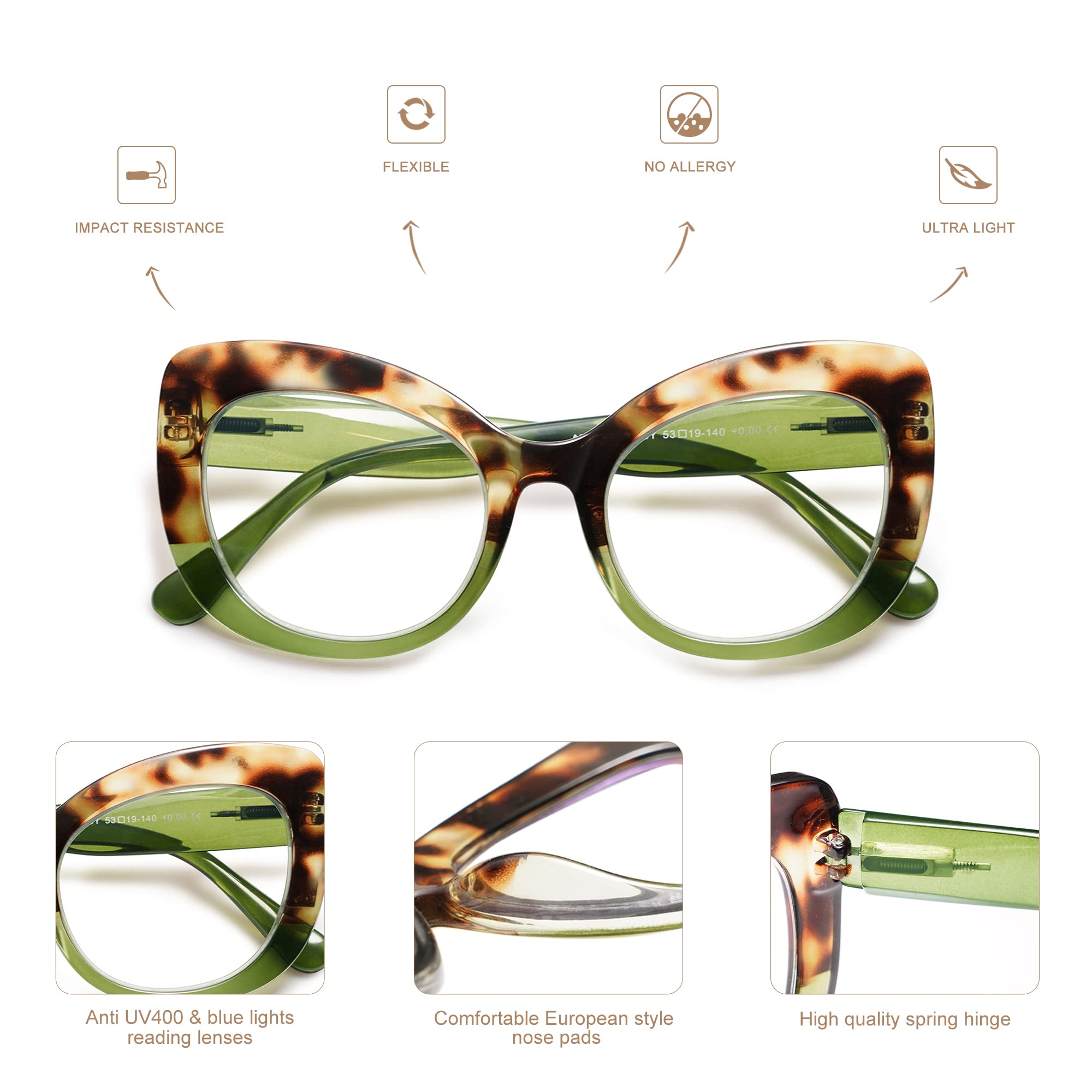 AMOMOMA 3 Pack Stylish Oversized Cat Eye Reading Glasses for Women Fashion Readers Blue Light Square Computer Glases AM6077 C1+C2+C3 1.5