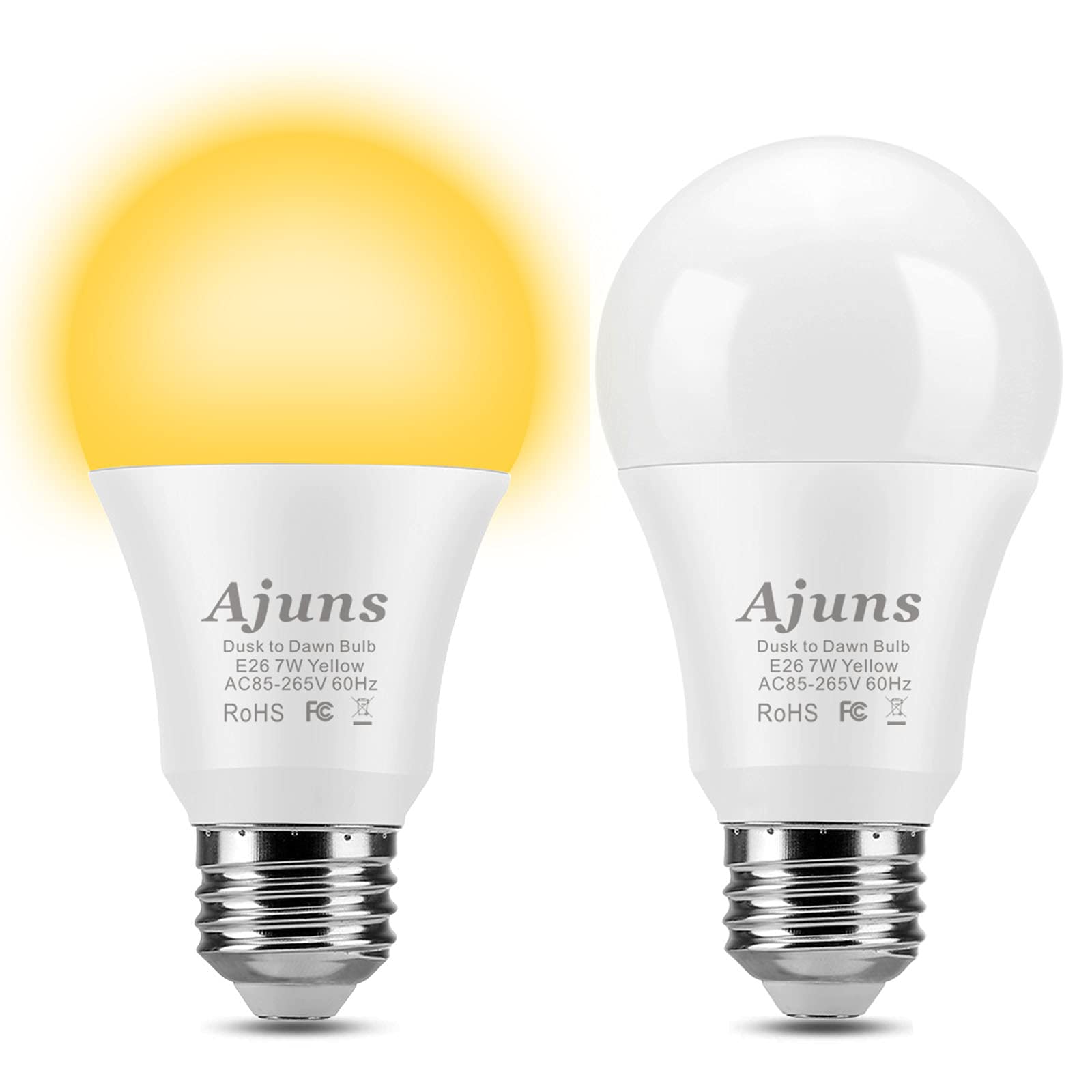 Ajuns Dusk to Dawn Bug Bulb Outdoor Sensor Yellow Bug Light Bulbs Automatic On/Off，for Terrace, Deck, Backyard, Porch, 7W Yellow Lights 2000K, 2 Packs