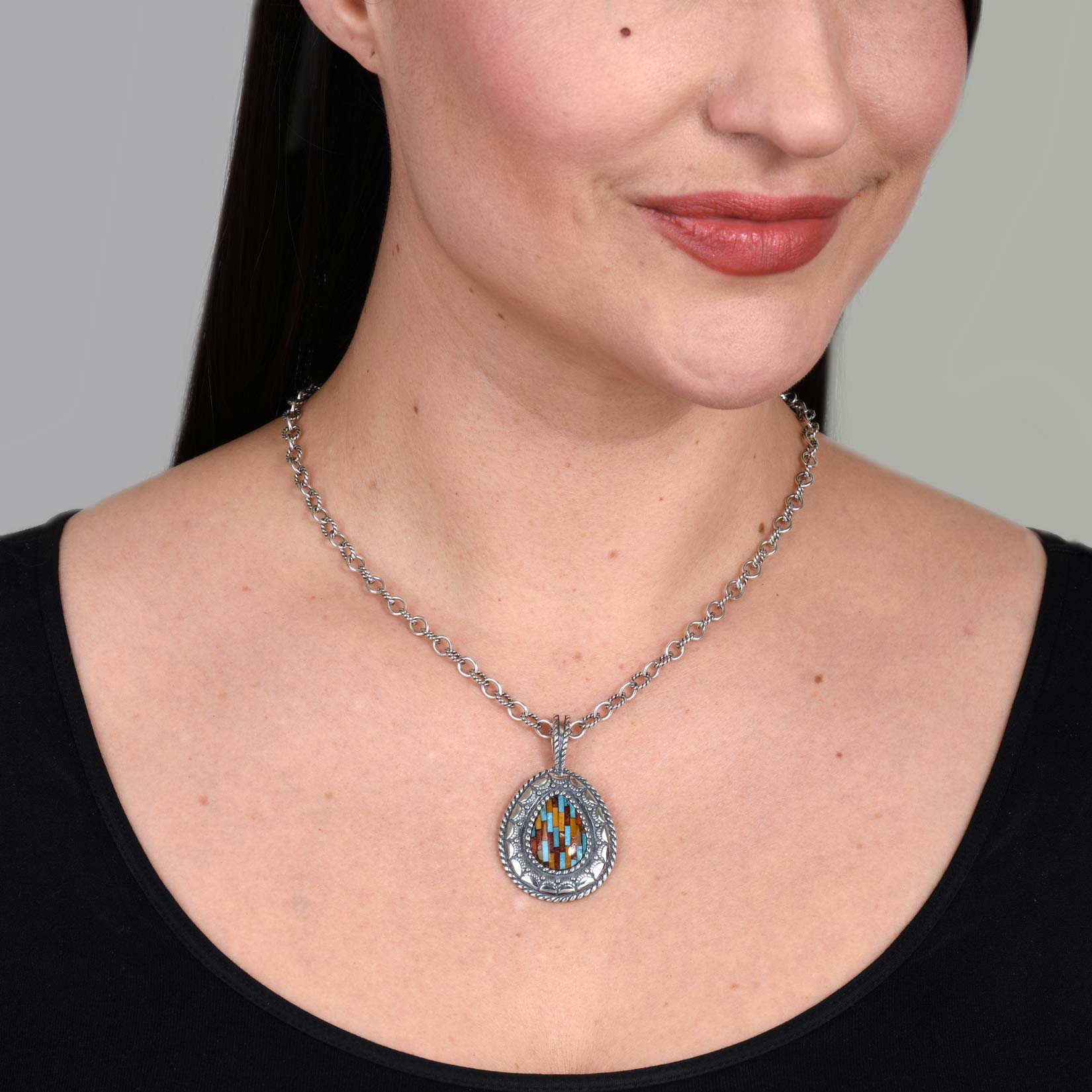 American West Sterling Tiger's Eye, Turquoise and Coral Inlay Pendant Enhancer