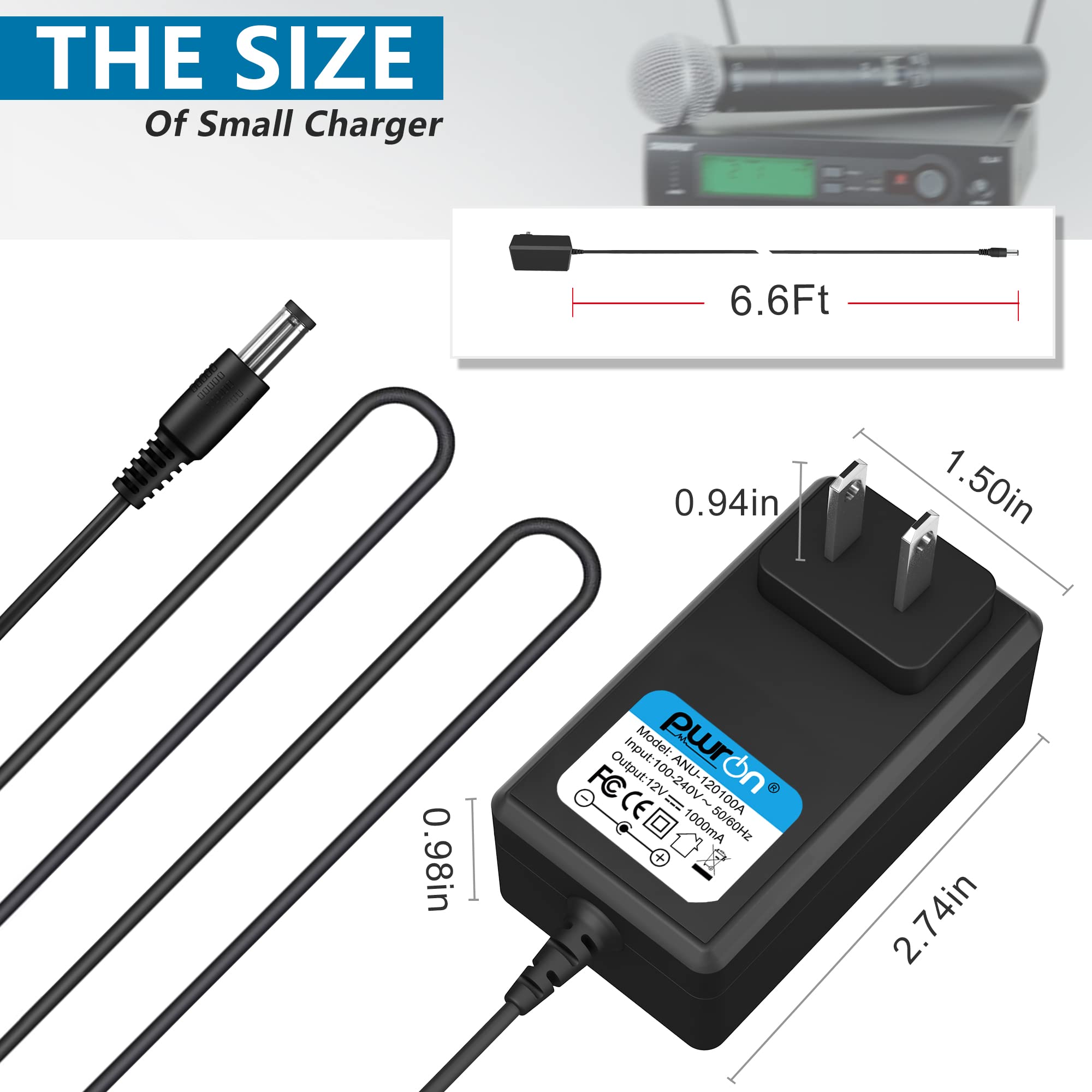 PwrON Compatible AC Adapter 12V Replacement for Shure SLX4 PGX4 BLX4 BLX88 BLX4R GLXD6 UABiasT PG4 PGX4 PGXD4 SLX4L P2T FP33 Wireless Receivers Power Supply Cord