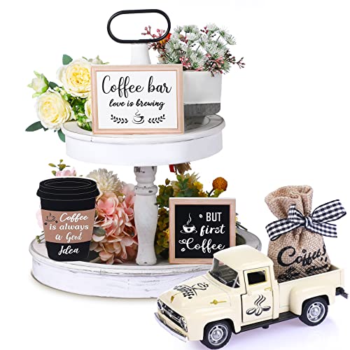 Tiamon 5 Pieces Coffee Tiered Tray Decor Rustic Coffee Bar Wooden Signs Farmhouse Mini Pickup Truck Burlap Sack for Home Coffee Bar Kitchen Coffee Station Vintage Shelf Table Party Decor