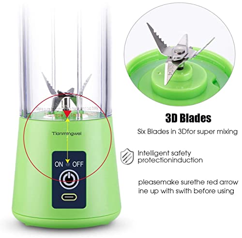 Tianmingwei Portable Blender Personal 6 Blades Juicer Cup Household Fruit Mixer with Magnetic Secure Switch USB Charger Cable 400ml (Green)