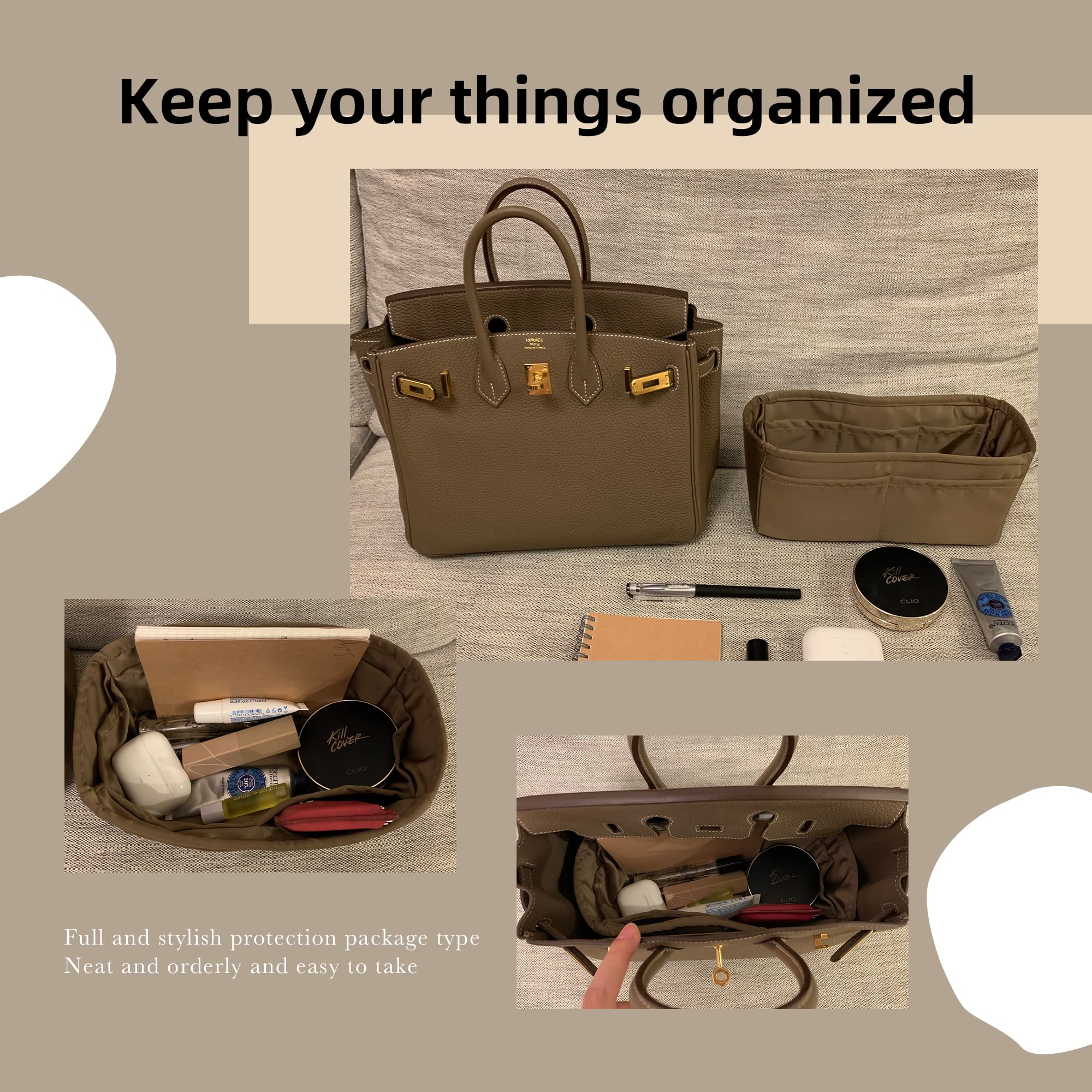DGAZ Purse Organizer Silky Smooth,Silk,Luxury Handbag Tote in Bag Shapers, Women- Fits Birkin25/30/35/40 Bags (Etoupe grey, BK25)