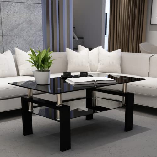 Tansole Rectangle Glass Coffee Table,Glass Coffee Tables for Living Room,Rectangle Clear Coffee Table for Home Office or Conversation Leisure Occasions,Rectangle Glass Cocktail Table,Wooden Leg,Black