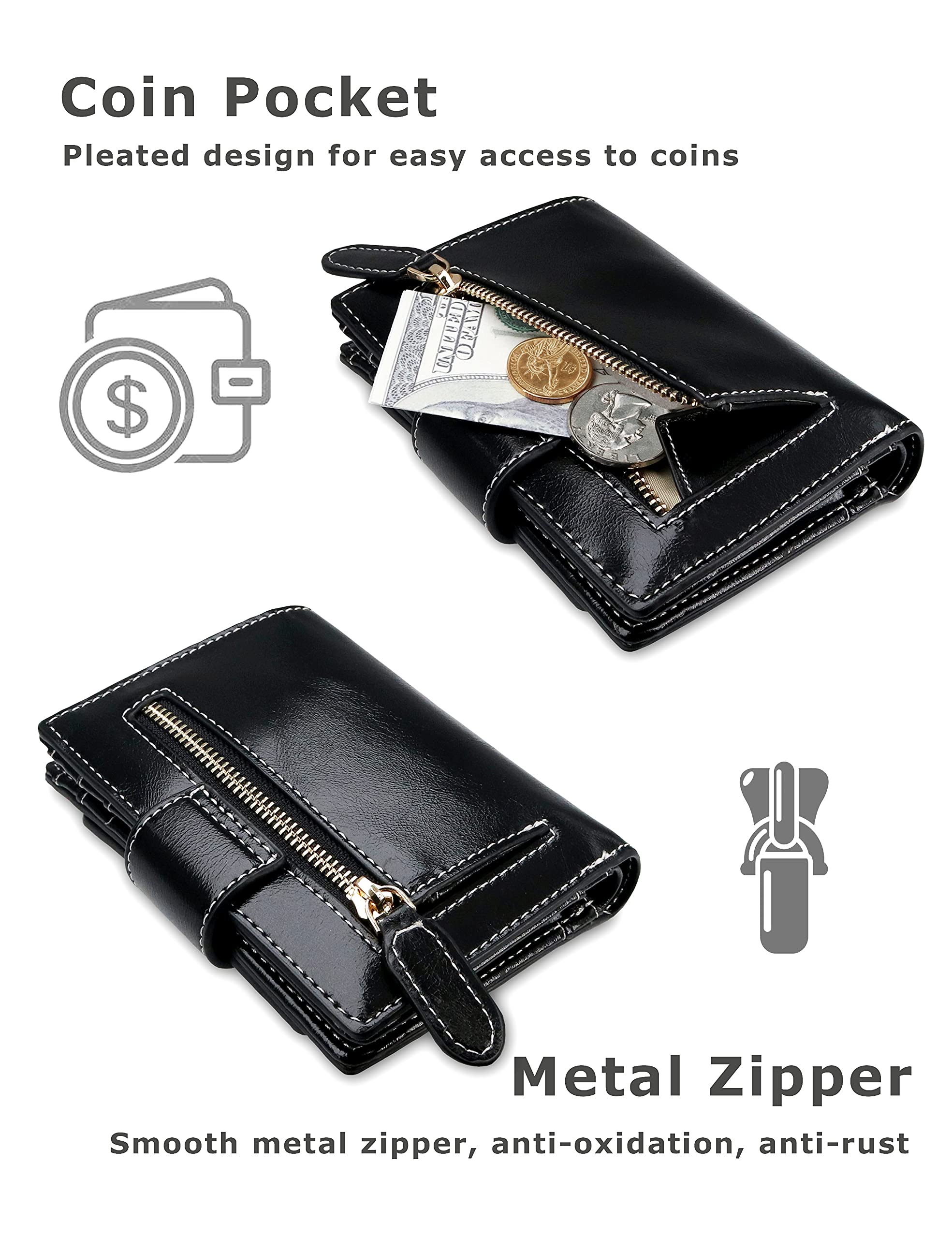 IamaCos Women Artificial Leather Wallets Compact Bifold Wallet RFID Blocking Card Holder Zipper Coin Purse 10 Card Slots 2 ID Windows Black