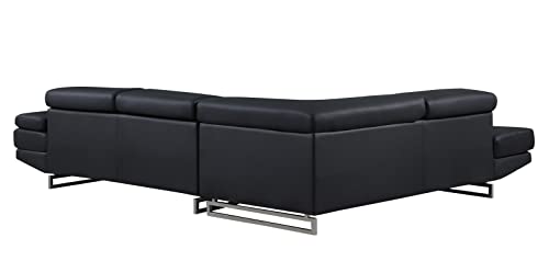 BlackJack Furniture Union Modern Faux Leather Sofa with Adjustable Headrests, Chaise, Elegant Tufted Seat, High-Density Foam and Stainless Steel Legs, Left Facing Sectional, Black
