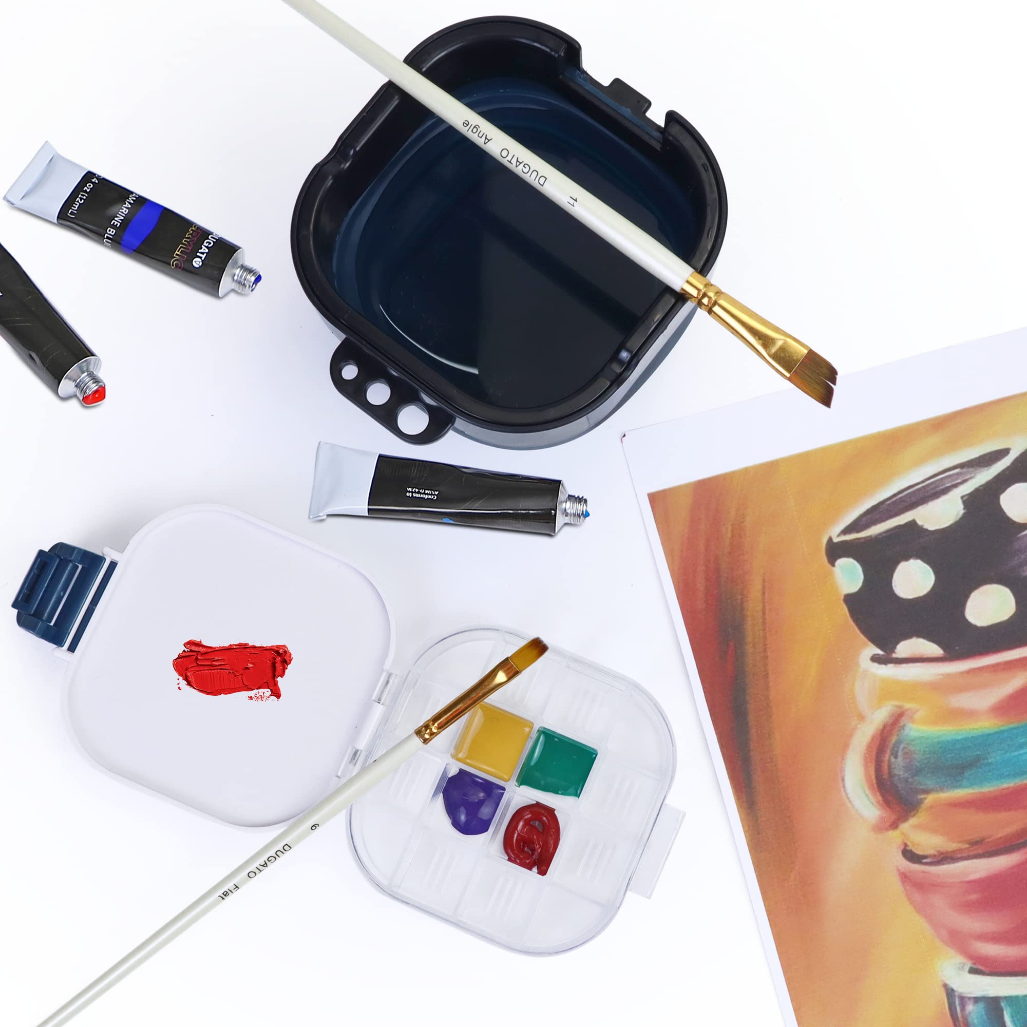 Airtight Paint Saver Storage Palette Box, 16-Well Palette Box with Lid, Include Paint Brush Basin, Perfect for Gouache, Acrylic, Watercolor and Oil Paint (Blue)