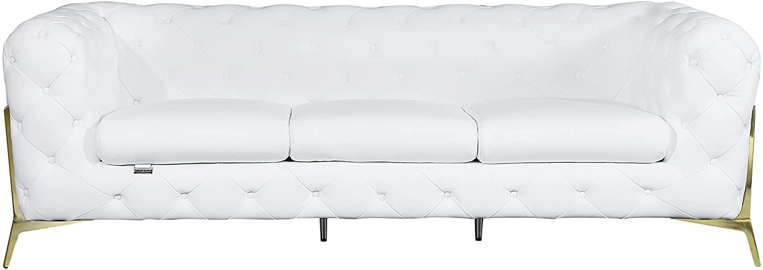Blackjack Furniture Modena Modern Italian Leather Living Room Tufted Sofa, White