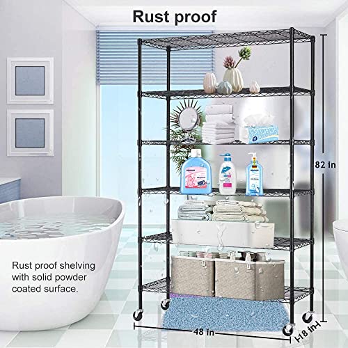 Storage Shelves Heavy Duty 6 Tier Wire Shelving Unit with Wheels Adjustable Metal Wire Shelf 48" L×18" W×82" H Standing Garage Shelves 2100 Lbs Weight Capacity Multifunctional Home Storage Rack, Black