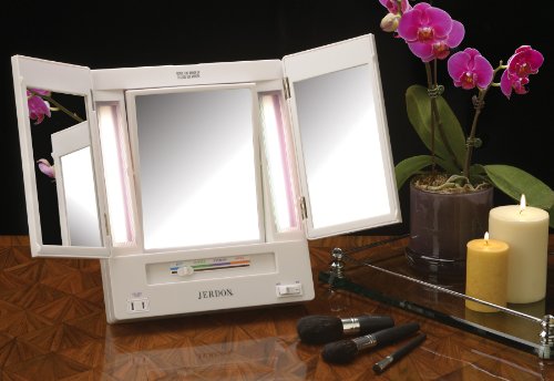 JERDON Tri-Fold Two-Sided Makeup Mirror with Lights - Vanity Mirror with 5X Magnification & Multiple Light Settings - White Base - Model JGL9W