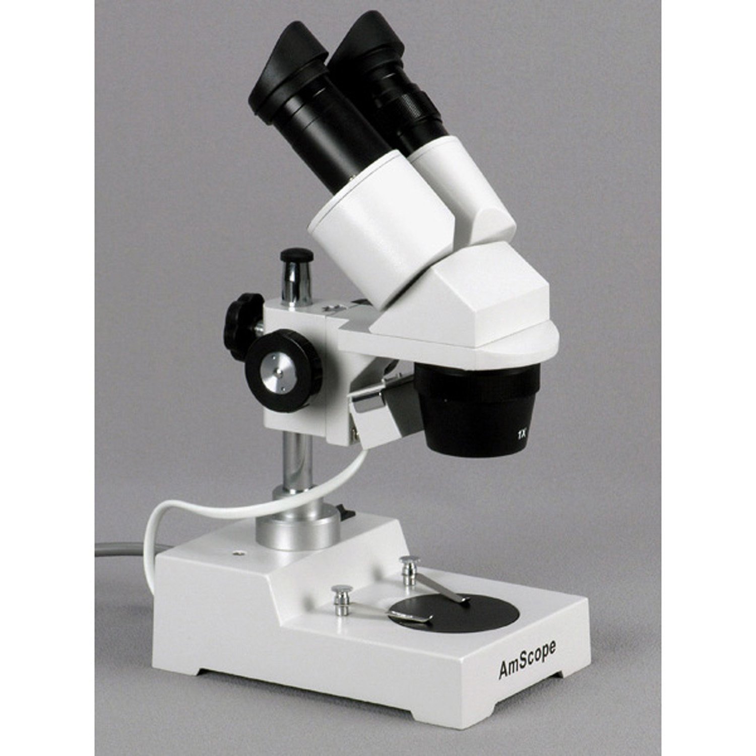 AmScope SE303-PZ Binocular Stereo Microscope, WF10x and WF20x Eyepieces, 10X/20X/30X/60X Magnification, 1X and 3X Objectives, Tungsten Lighting, Reversible Black/White Stage Plate, Pillar Stand, 110V