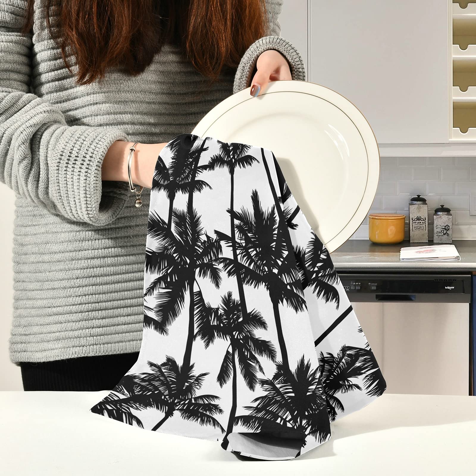 ALAZA Tropical Black Palm Tree White Decorative Kitchen Dish Towels Set of 4,Soft and Absorbent Kitchen Hand Towels Home Cleaning Towels Dishcloths,18 x 28 Inch