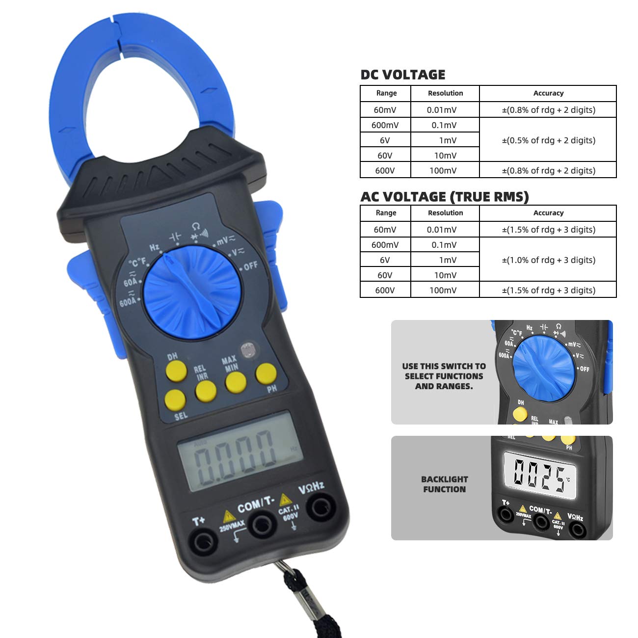 AIOMEST Inrush Current Clamp Meter 6000 Counts, TRMS Digital Multimeter with Auto Ranging, Amp Meter Measures Inrush AC&DC Current, AC&DC Voltage, Resistance, Capacitance, Diodes and Temperature