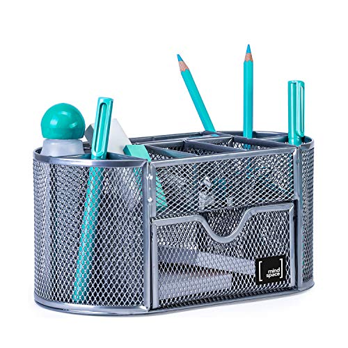 Mindspace Office Desk Organizer with 8 Compartments + Drawer | Desk Caddy Pen Holder For Office Accessories | The Mesh Collection, Silver