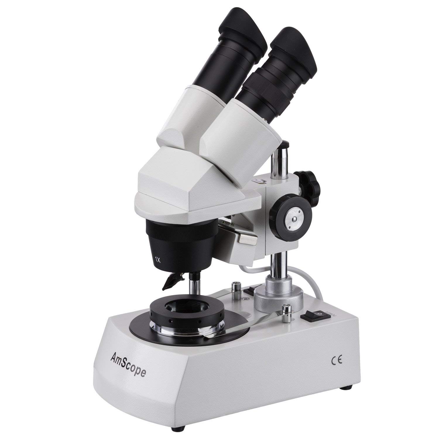 AmScope SE305-PZ-DK Binocular Stereo Microscope, WF10x and WF20x Eyepieces, 10X/20X/30X/60X Magnification, 1X and 3X Objectives, Upper and Lower Halogen Lighting, Reversible Black/White Stage Plate, Arm Stand, 120V, Includes Darkfield Condenser